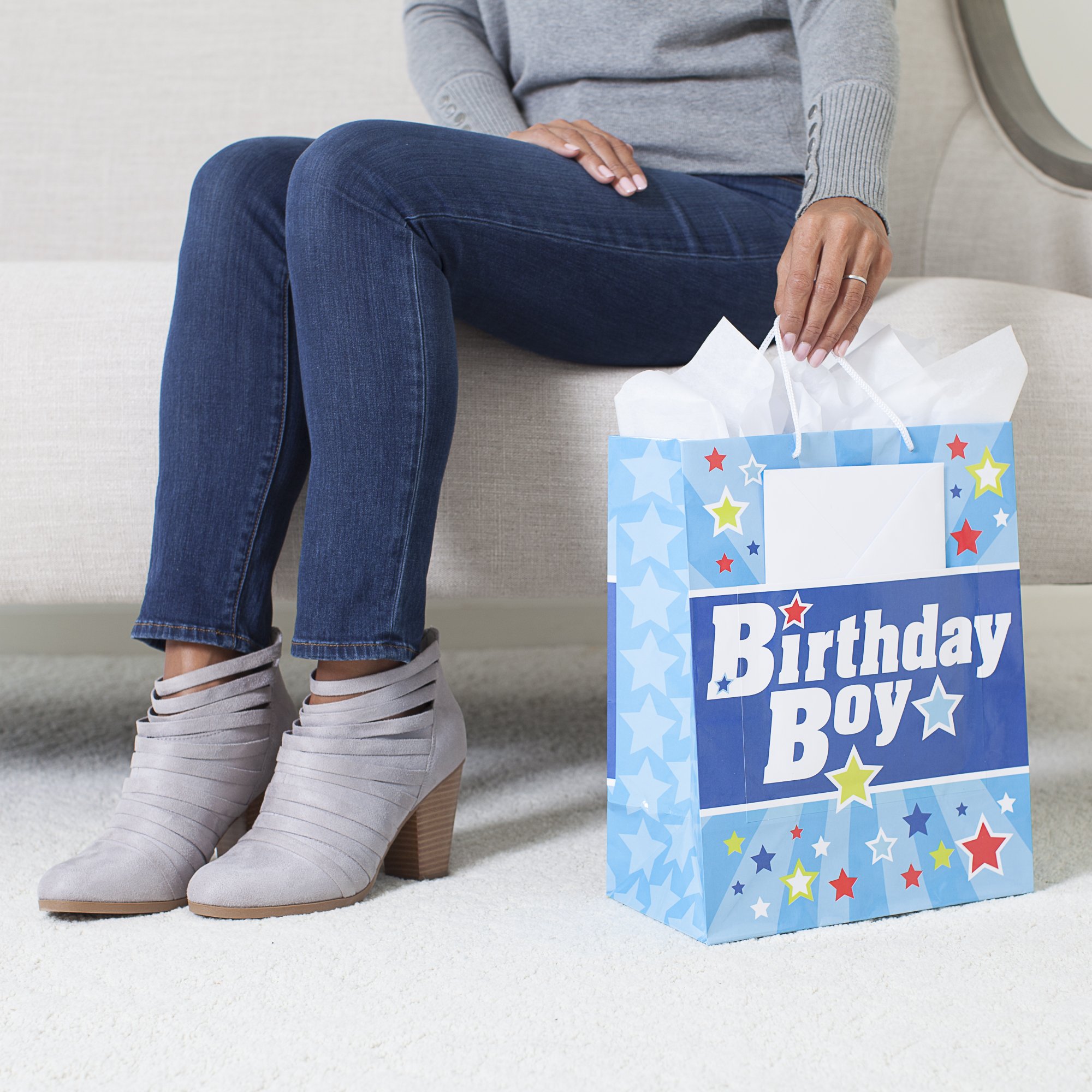 Hallmark 13" Large Gift Bag with Birthday Card and Tissue Paper (Blue with Stars, Birthday Boy)