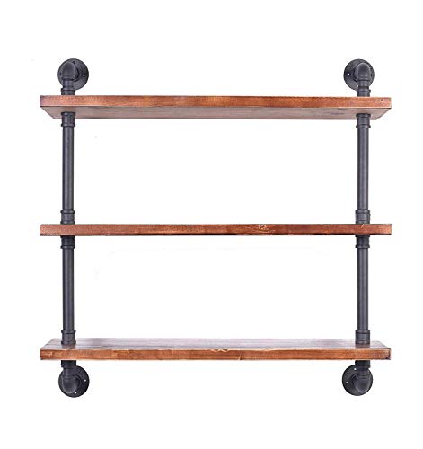 Diwhy Industrial Pipe Shelving Bookshelf Rustic Modern Wood Ladder Storage Shelf 3 Tiers Retro Wall Mount Pipe Design DIY Shelving (Black, L 36")