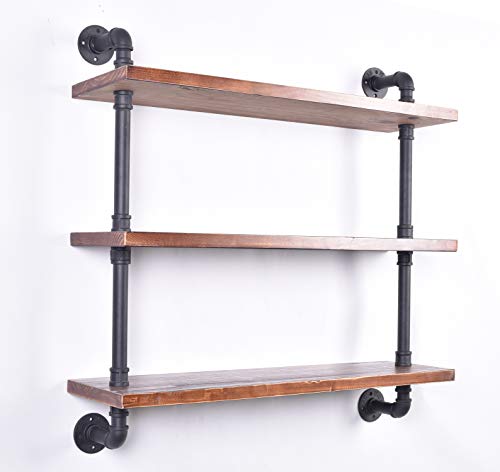 Diwhy Industrial Pipe Shelving Bookshelf Rustic Modern Wood Ladder Storage Shelf 3 Tiers Retro Wall Mount Pipe Design DIY Shelving (Black, L 36")