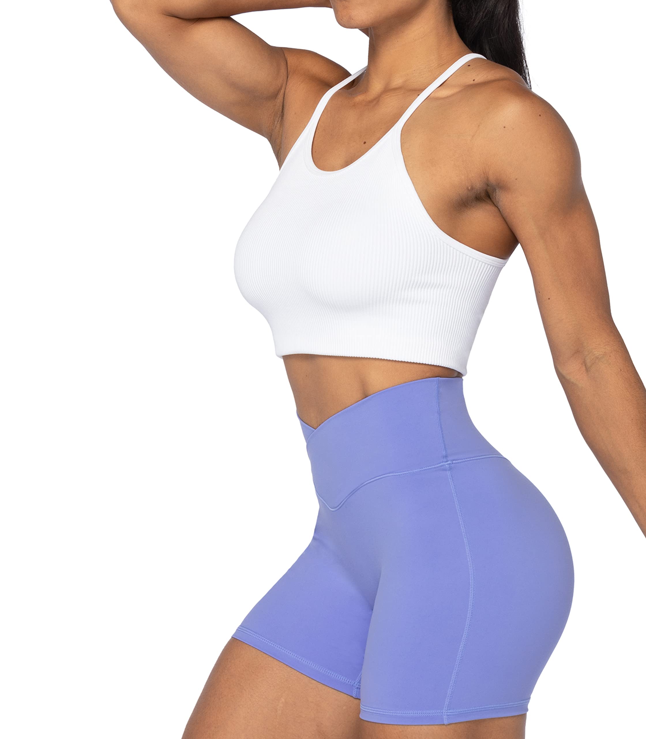 Sunzel Sunzfly Crossover Biker Shorts for Women, V Criss Cross High Waist Yoga Workout Gym Shorts with Tummy Control 4" Periwinkle Medium