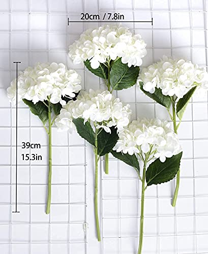 PARTY JOY 5PCS 15.4In Artificial Hydrangea Silk Flowers Bouquet Faux Hydrangea Stems for Wedding Centerpieces Home Decor (White, 5)
