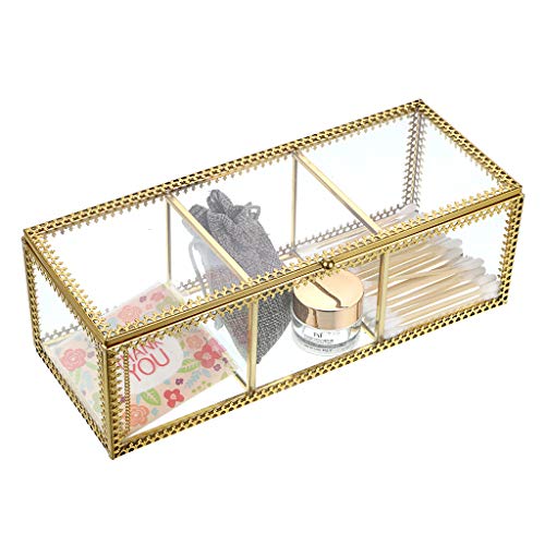 Hipiwe Vanity Glass Countertop Canister Jar with Storage Lid,3 Compartment Beauty Blender Holder Jewelry Box for Cotton Swabs, Qtips Balls, Makeup Sponges,Bath Salts