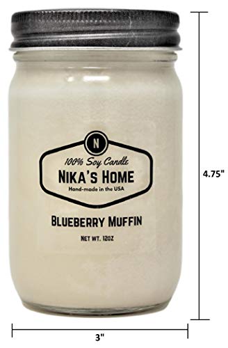 Nika's Home Blueberry Muffin Soy Candle 12oz Mason Jar Non-Toxic White Soy Candle-Hand Poured Handmade, Long Burning 50-60 Hours Highly Scented All Natural, Clean Burning Candle Gift Décor