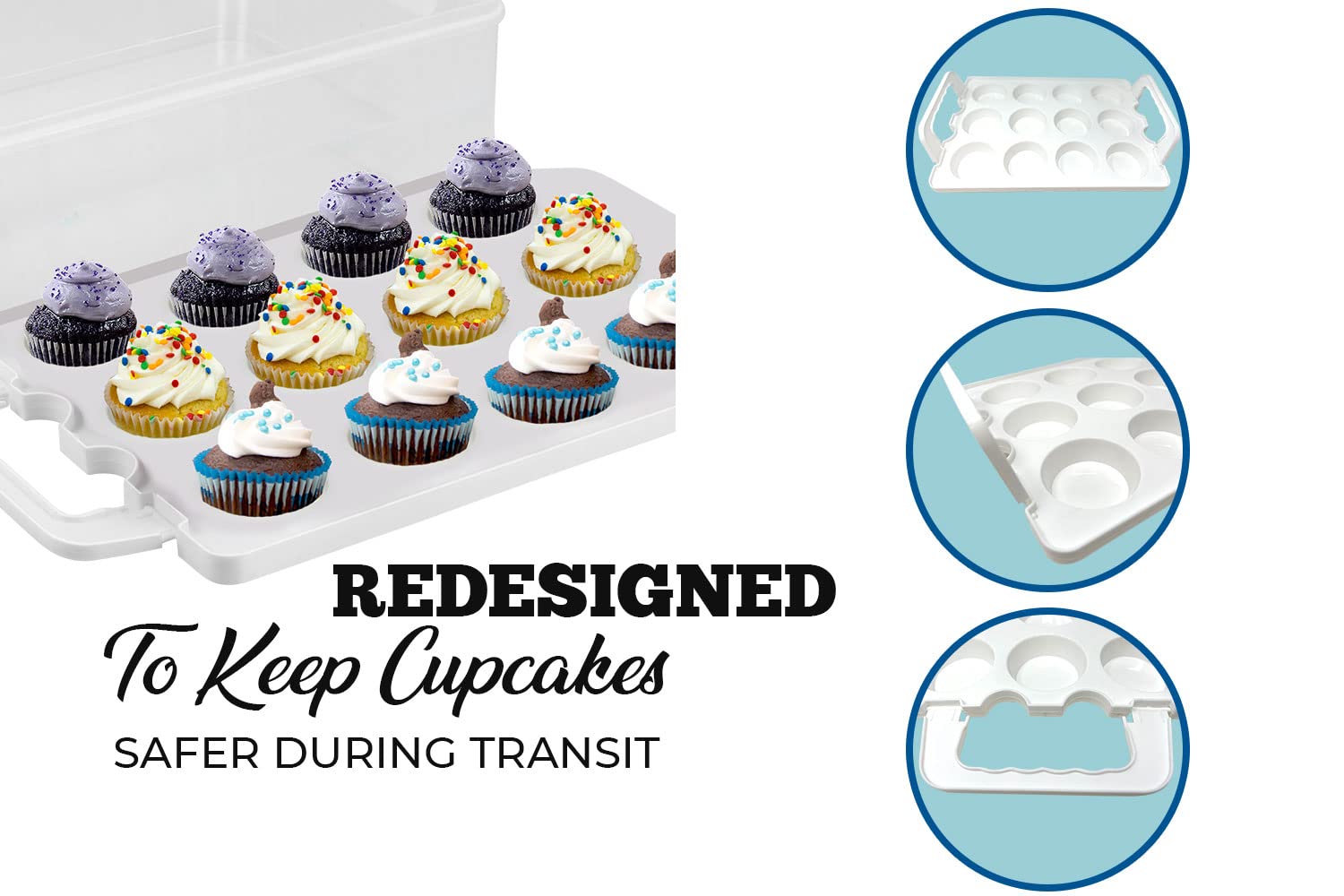 DuraCasa Cupcake Carrier, Cupcake Holder - Premium Upgraded Model - Store up to 36 Cupcakes or 3 Large Cakes - Stacking Cupcake Storage Container - Cookie, Muffin or Cake Carrier (White, Three Tier)