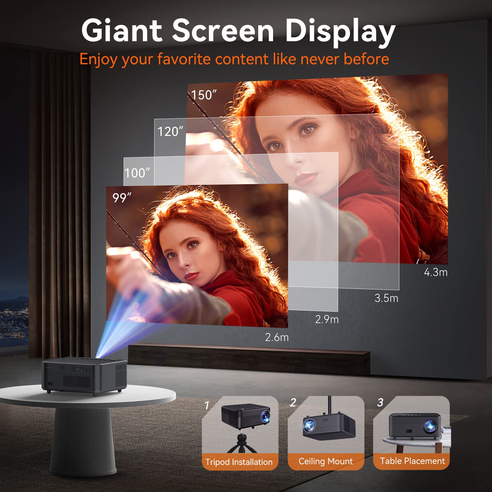 4K FHD WiFi Projector, Bluetooth Projector, 200" Portable Movie Projector, 13000 Lumens 500 ANSI Home Theater Video Projector Compatible with HDMI, USB, Laptop, iOS & Android Smartphone