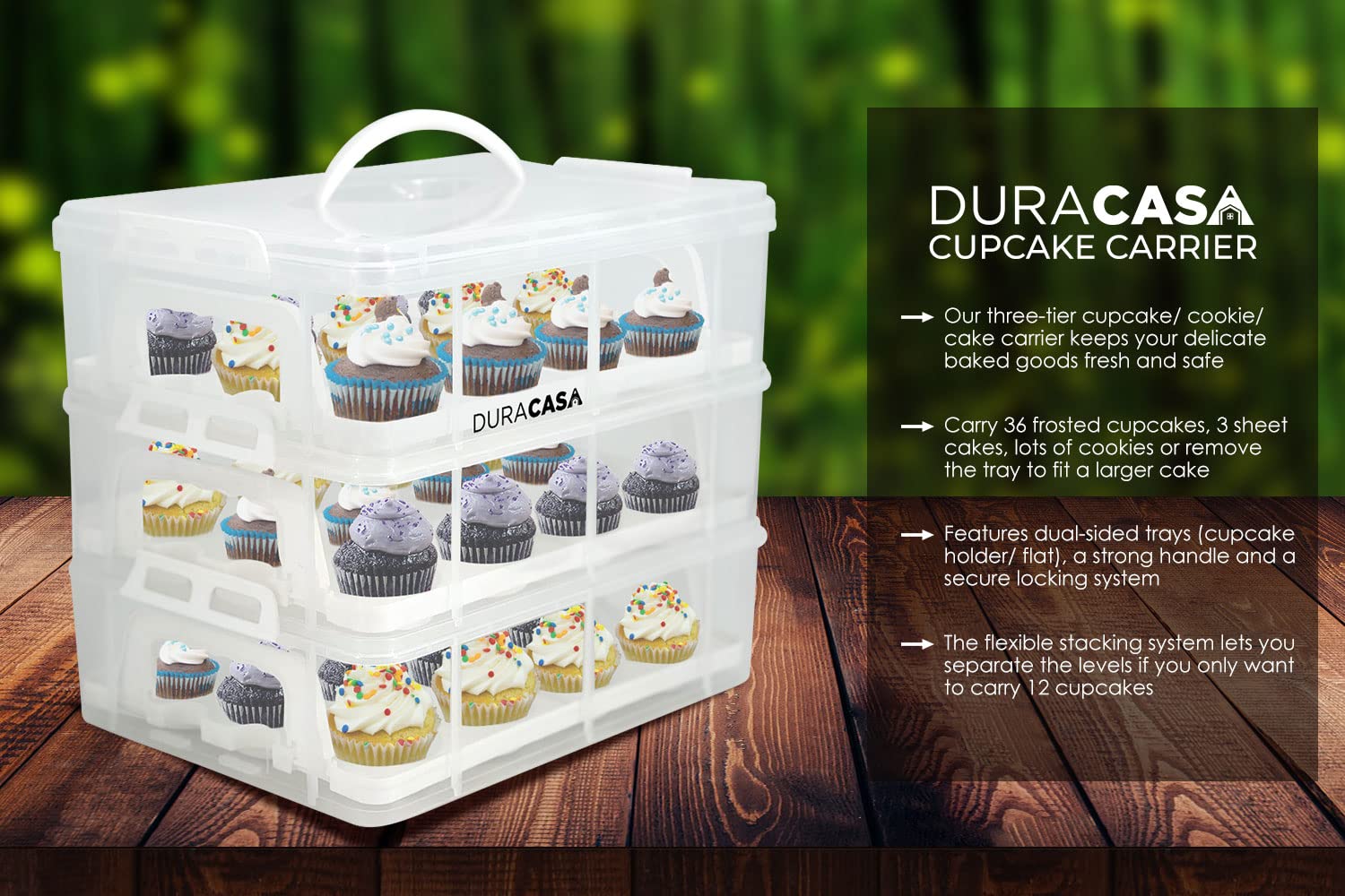 DuraCasa Cupcake Carrier, Cupcake Holder - Premium Upgraded Model - Store up to 36 Cupcakes or 3 Large Cakes - Stacking Cupcake Storage Container - Cookie, Muffin or Cake Carrier (White, Three Tier)