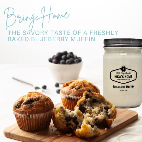 Nika's Home Blueberry Muffin Soy Candle 12oz Mason Jar Non-Toxic White Soy Candle-Hand Poured Handmade, Long Burning 50-60 Hours Highly Scented All Natural, Clean Burning Candle Gift Décor