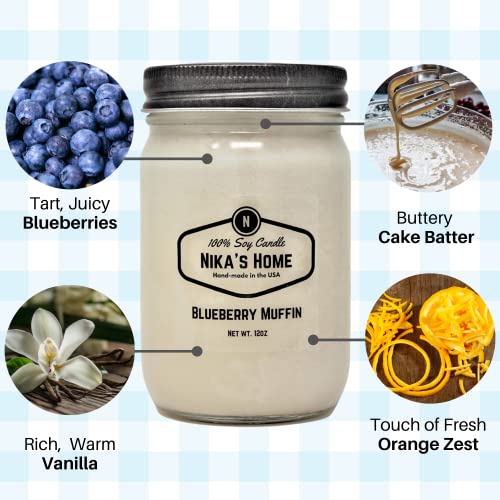 Nika's Home Blueberry Muffin Soy Candle 12oz Mason Jar Non-Toxic White Soy Candle-Hand Poured Handmade, Long Burning 50-60 Hours Highly Scented All Natural, Clean Burning Candle Gift Décor