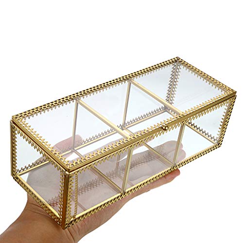 Hipiwe Vanity Glass Countertop Canister Jar with Storage Lid,3 Compartment Beauty Blender Holder Jewelry Box for Cotton Swabs, Qtips Balls, Makeup Sponges,Bath Salts