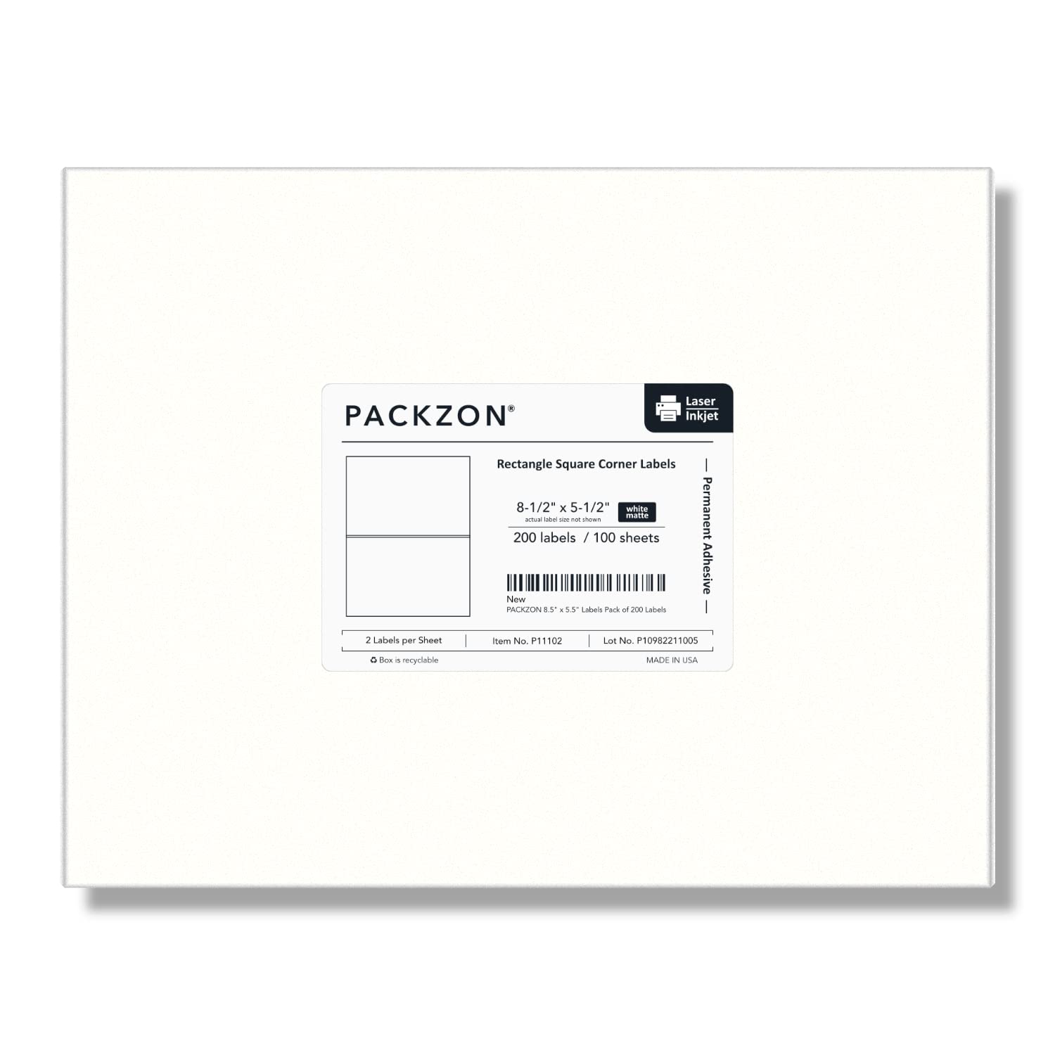 PACKZON Shipping Labels with Self Adhesive, Square Corner, for Laser & Inkjet Printers, 8.5 x 5.5 Inches, White, Pack of 200 Label