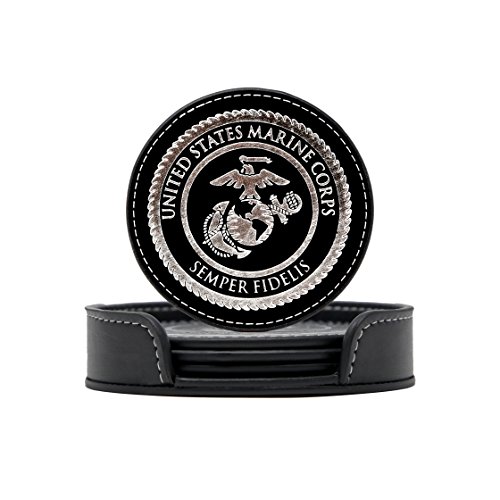 Military Veteran Products USMC Leather Coasters Set - 4 Drink Coasters for Home, Bar, Office or Car - Includes Holster – Protect Your Furniture
