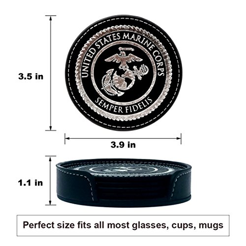 Military Veteran Products USMC Leather Coasters Set - 4 Drink Coasters for Home, Bar, Office or Car - Includes Holster – Protect Your Furniture
