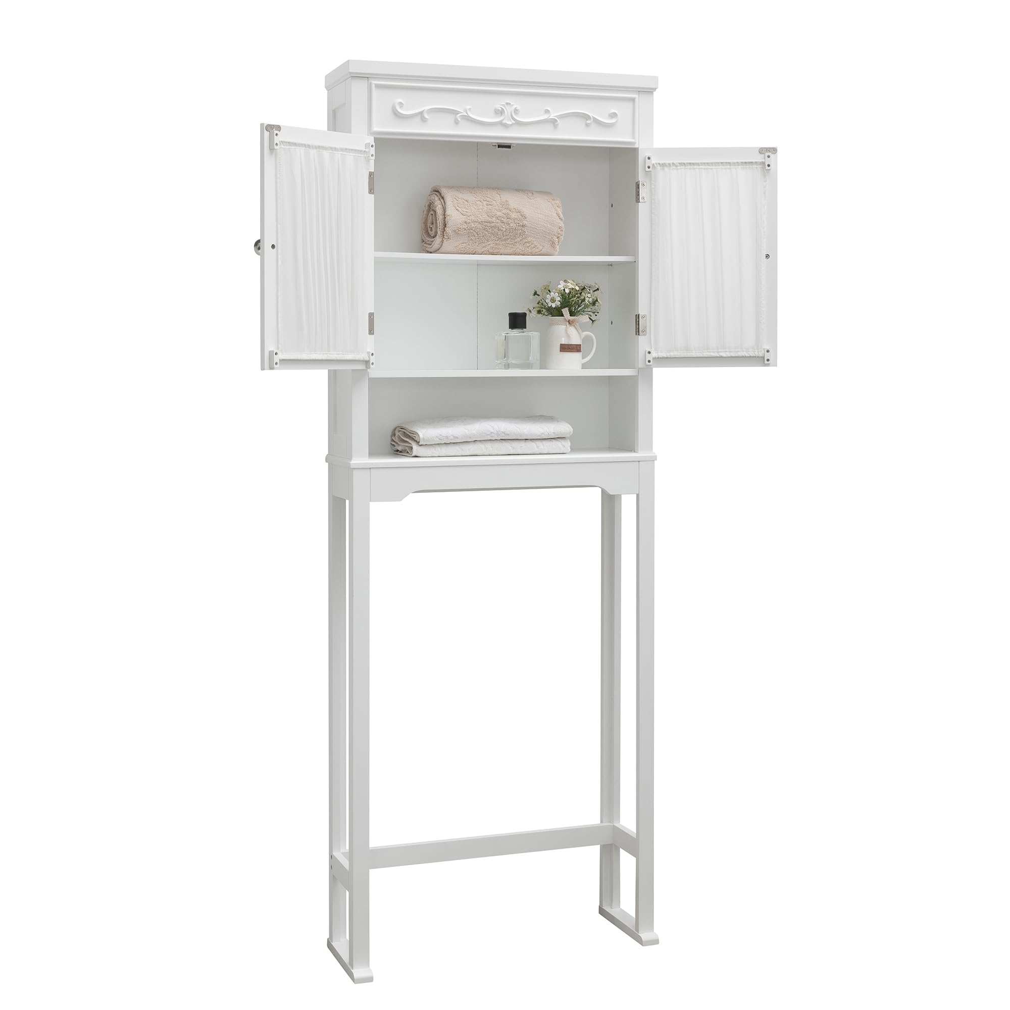 Elegant Home Fashions Lisbon Wooden Space Saver with Drapery-Lined Doors, White