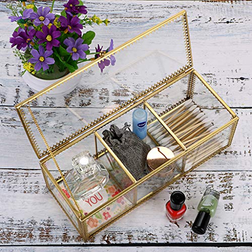 Hipiwe Vanity Glass Countertop Canister Jar with Storage Lid,3 Compartment Beauty Blender Holder Jewelry Box for Cotton Swabs, Qtips Balls, Makeup Sponges,Bath Salts