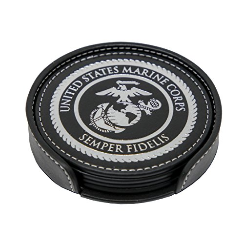 Military Veteran Products USMC Leather Coasters Set - 4 Drink Coasters for Home, Bar, Office or Car - Includes Holster – Protect Your Furniture