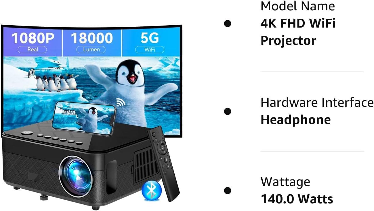 4K FHD WiFi Projector, Bluetooth Projector, 200" Portable Movie Projector, 13000 Lumens 500 ANSI Home Theater Video Projector Compatible with HDMI, USB, Laptop, iOS & Android Smartphone