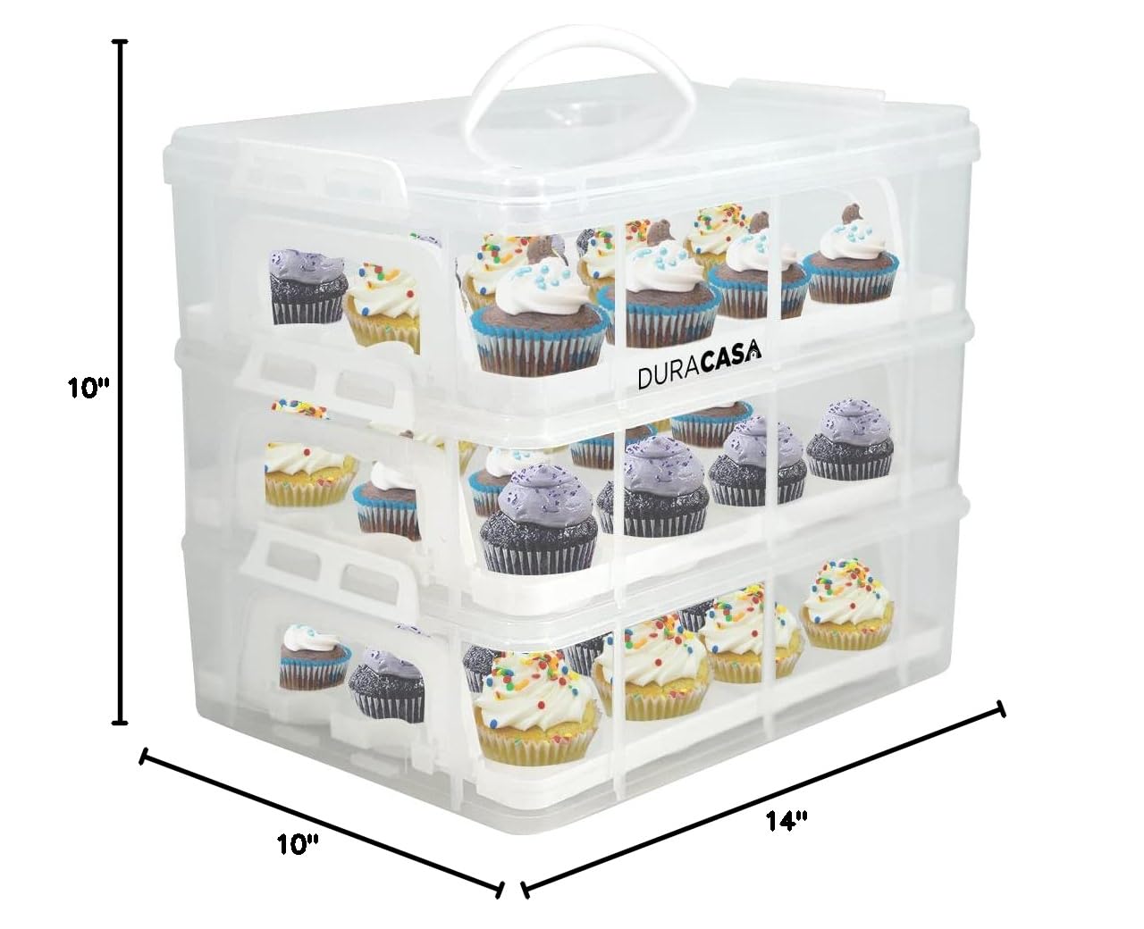 DuraCasa Cupcake Carrier, Cupcake Holder - Premium Upgraded Model - Store up to 36 Cupcakes or 3 Large Cakes - Stacking Cupcake Storage Container - Cookie, Muffin or Cake Carrier (White, Three Tier)