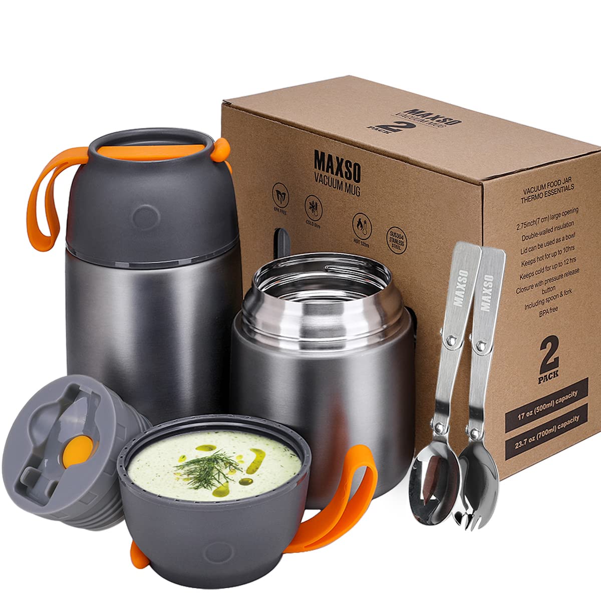 MAXSO 2 Pack Vacuum Insulated Food Jar Hot Food Containers for Lunch School Soup Thermos For Kids,Travel Food Flask Hot Cold (24oz,17oz) (Grey)