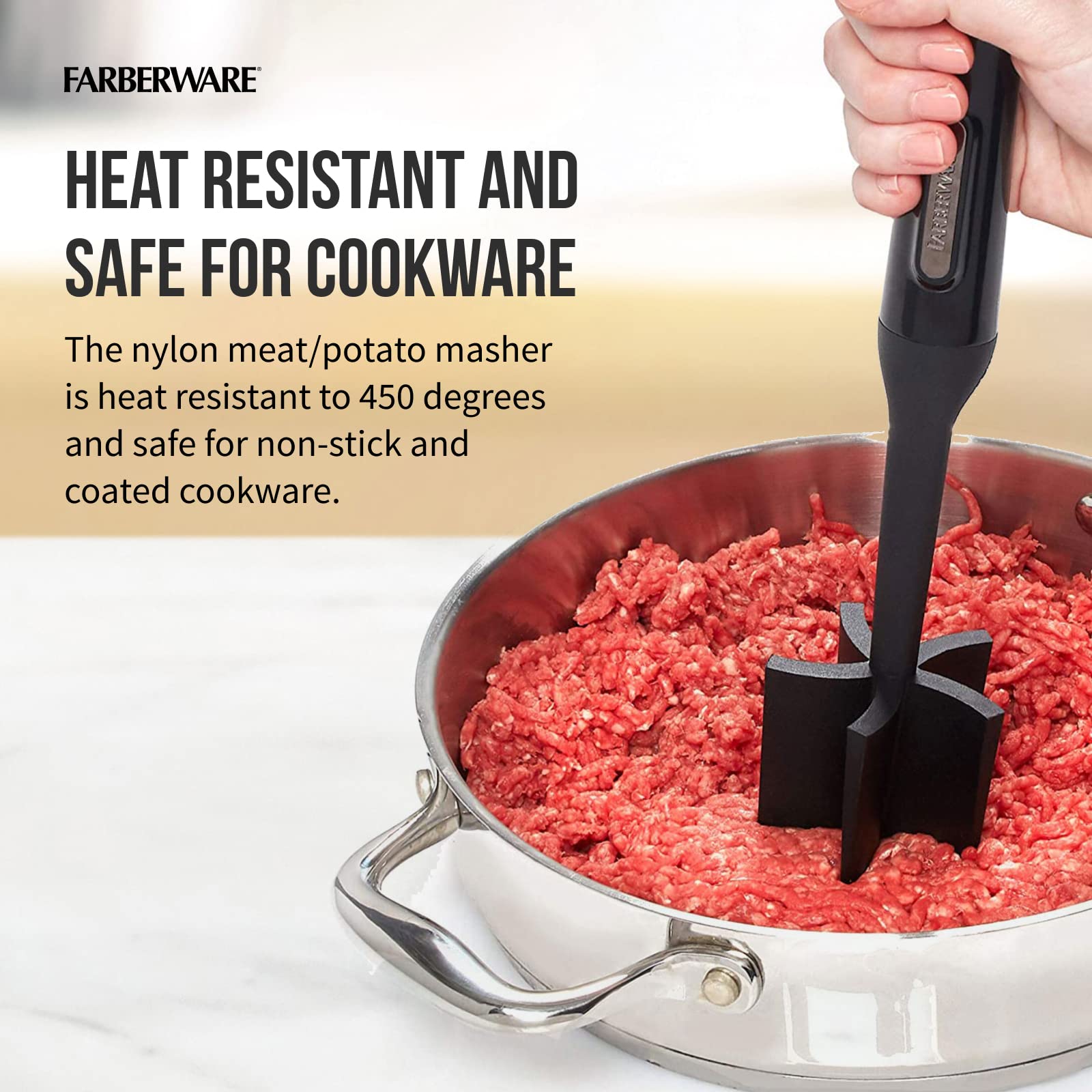 Farberware Professional Heat Resistant Nylon Meat and Potato Masher, Safe for Non-Stick Cookware, 10-Inch, Black