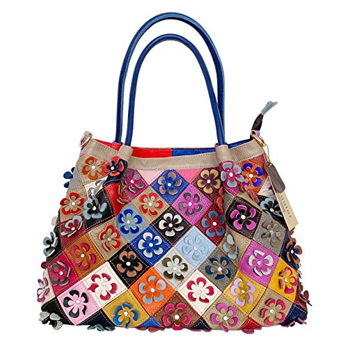 SegaterÂŽ Womenâs Multicolor Floral Tote Bag Big Crossbody Bag, Vintage Cowhide Leather Handbag Flower 3D Pattern Design Shoulder Bag Ladies Travel Top-Handle Bag Handmade Colorful Purses