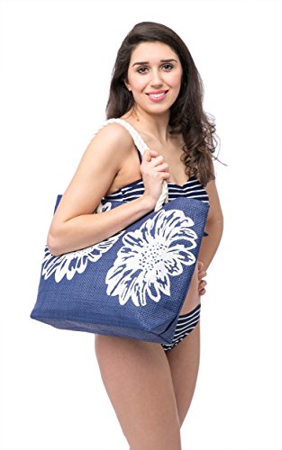 Beach Bag Tote Bags for Women Ladies Large Summer Shoulder Bag With Pocket Carrier Bag Flower (BLUE)