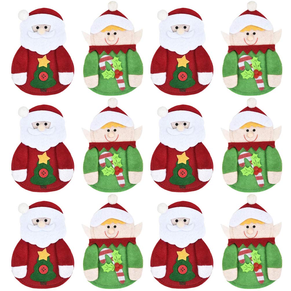 DOITOOL 12PCS Christmas Silverware Holder Santa Elf Cutlery Flatware Tableware Holder Spoon Fork Bag Pocket Xmas Table Decorations for Christmas Party Supplies