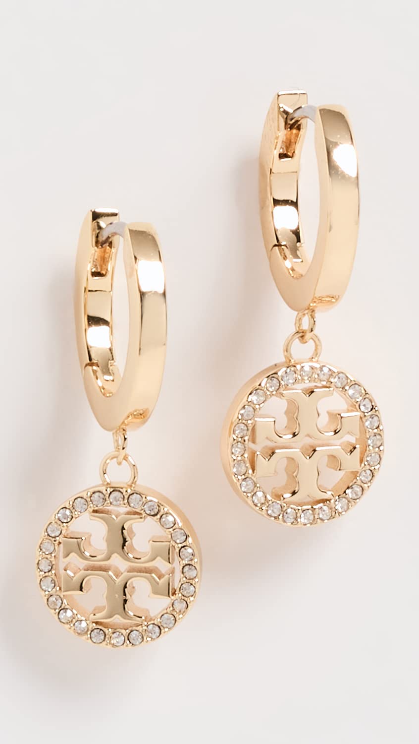 Tory Burch Women's Miller Pave Huggie Hoop Earrings, Tory Gold/Crystal, One Size