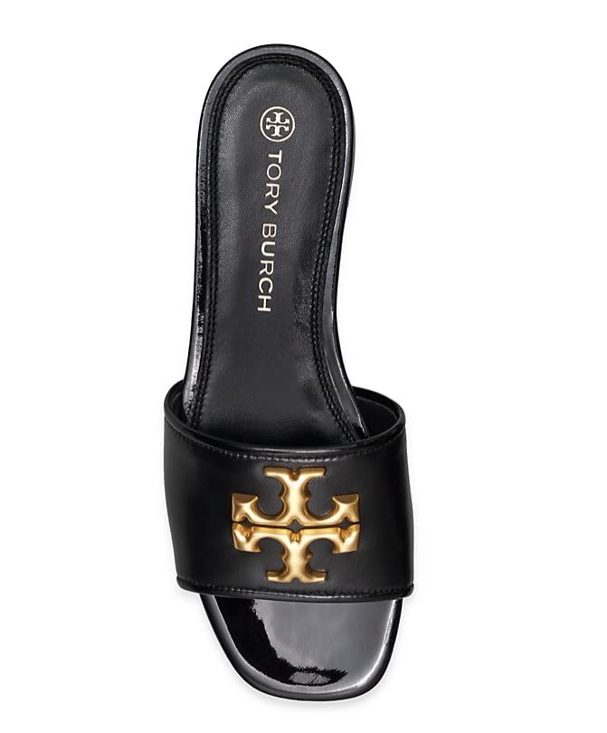 Tory Burch Women's Black Leather Gold Logo Eleanor Slides Flats Shoes (6.5, numeric_6_point_5)