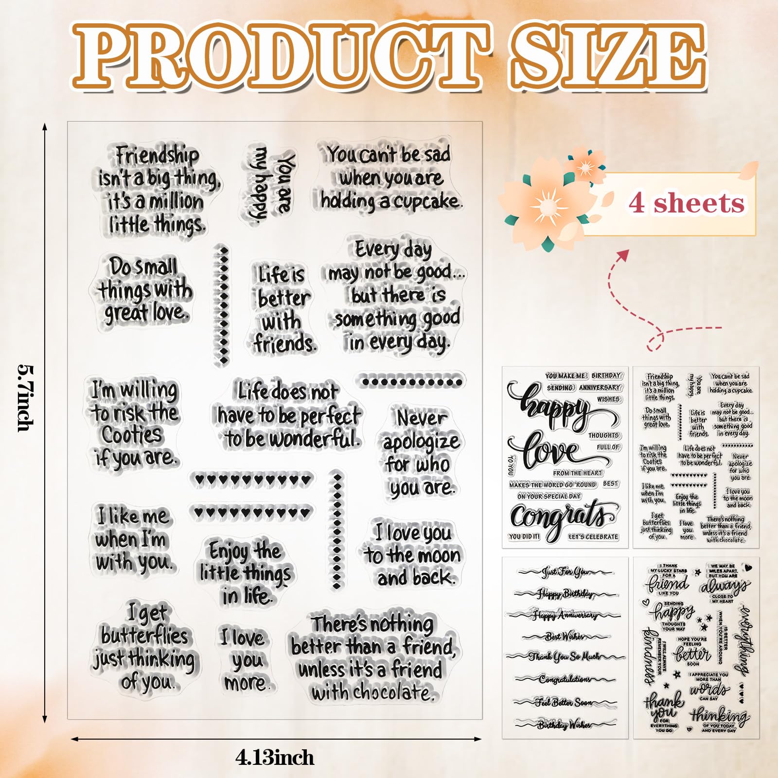 4 Sheets Words Clear Stamp Silicone Stamp Cards with Sentiments, Greeting Words Pattern for Thanksgiving Christmas Holiday Card Making and DIY Scrapbooking Journaling