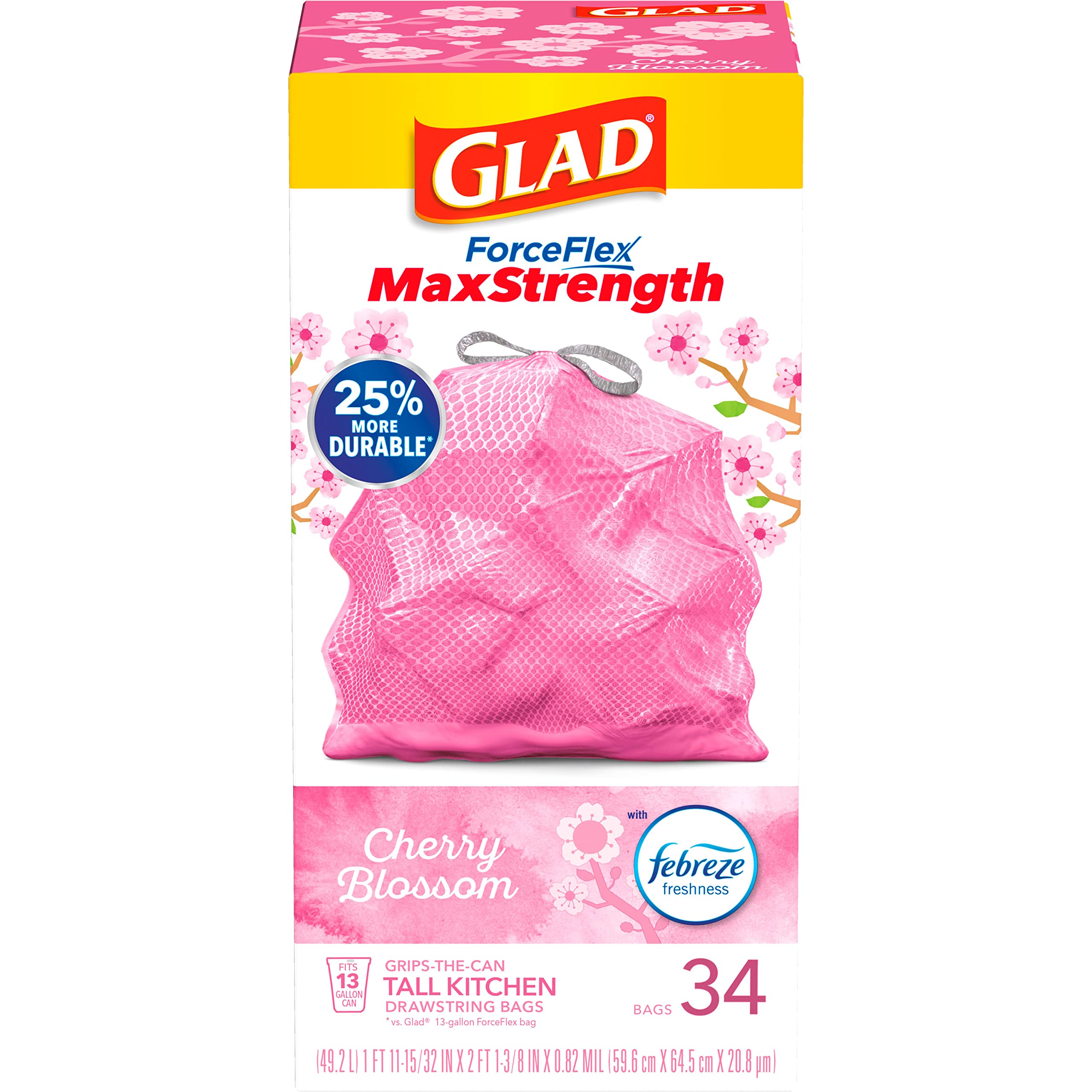 Glad ForceFlexPlus Tall Kitchen Drawstring Trash Bags, 13 Gallon Trash Bag, Febreze Cherry Blossom, 34 Count