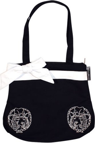 Black Canvas Tote Purse with White Bow and Cowgirl Embroidery from Sourpuss Clothing