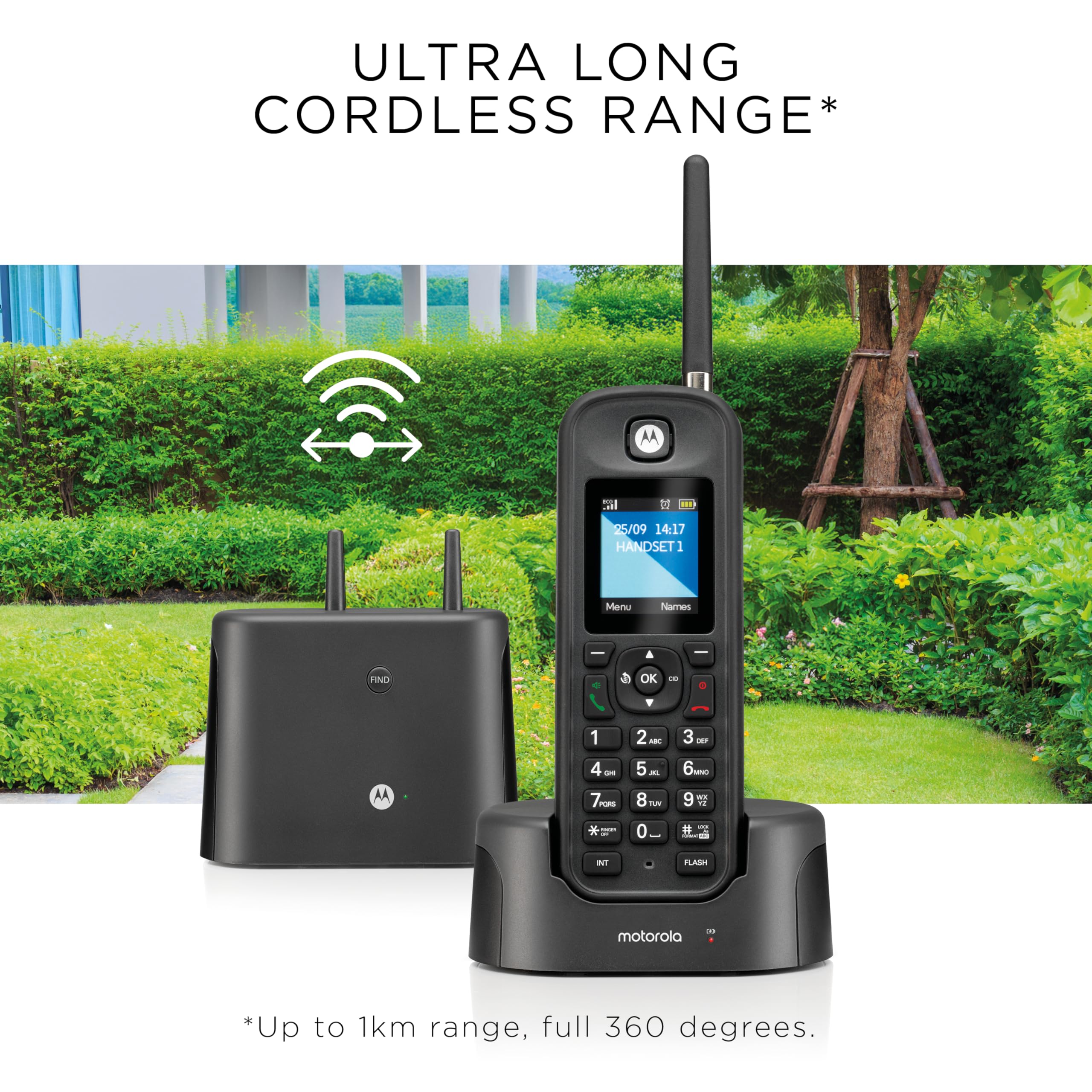 Motorola O214 DECT 6.0 Long Range Cordless Phone - Wireless Phones for Home & Office Phone with Answering Machine - Indoors and Outdoors, Water & Dust Resistant, IP67 Certified - Black, 4 Handsets