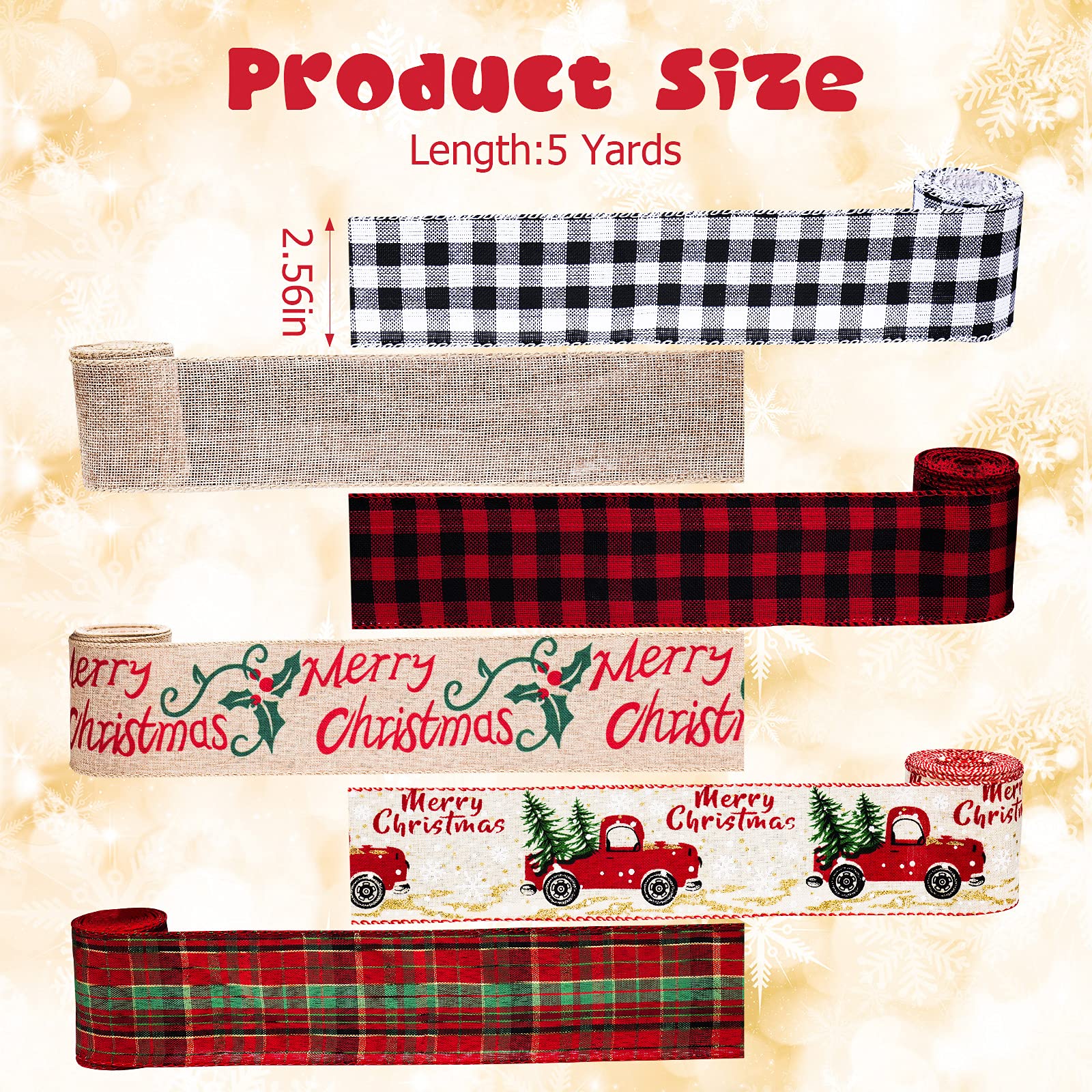 6 Rolls/30Yards Gift Ribbon Wired Plaid Buffalo Burlap Holiday Craft, DIY, Tree Decoration, Gift Wrap - 2.5 inch x 5 Yard Each Roll