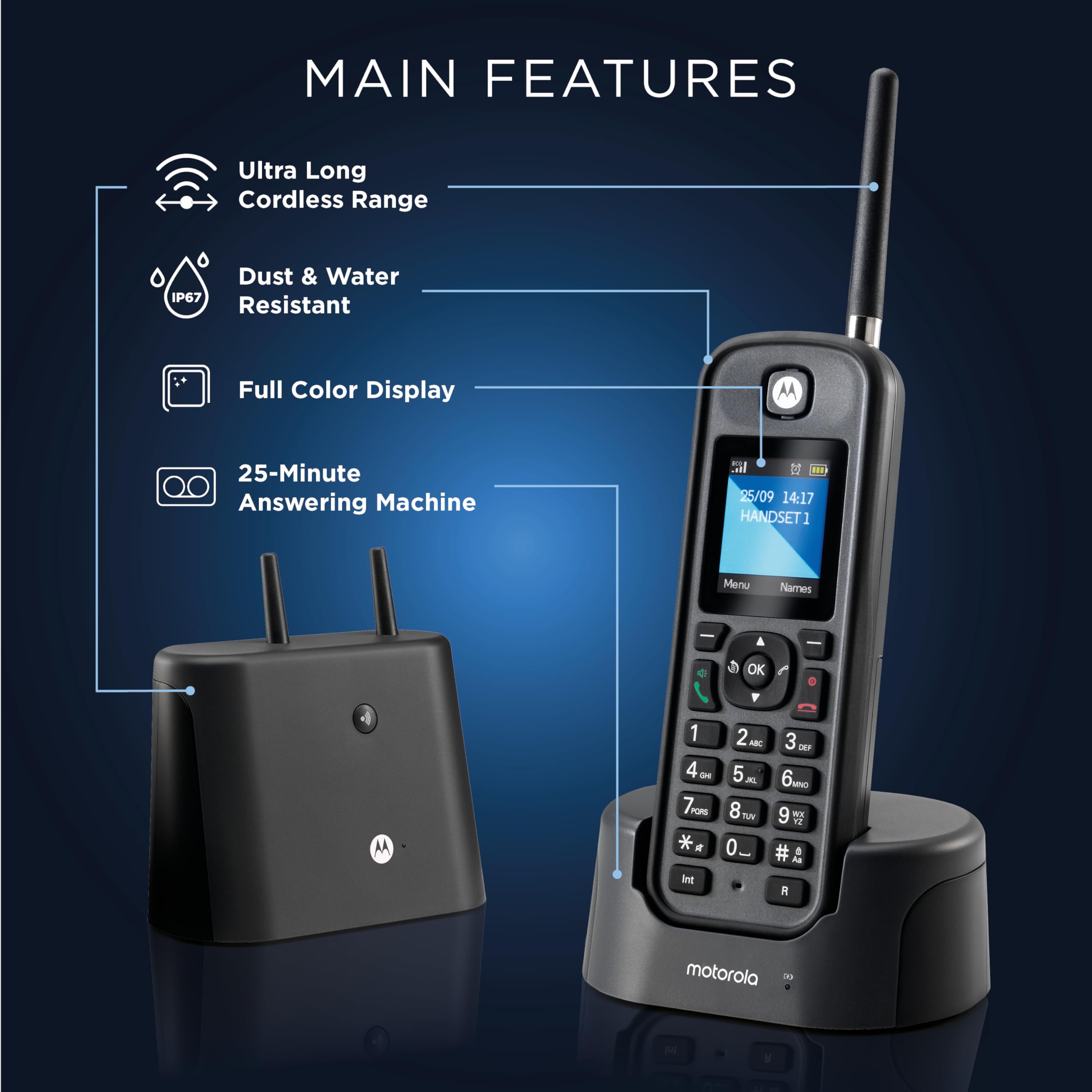Motorola O214 DECT 6.0 Long Range Cordless Phone - Wireless Phones for Home & Office Phone with Answering Machine - Indoors and Outdoors, Water & Dust Resistant, IP67 Certified - Black, 4 Handsets