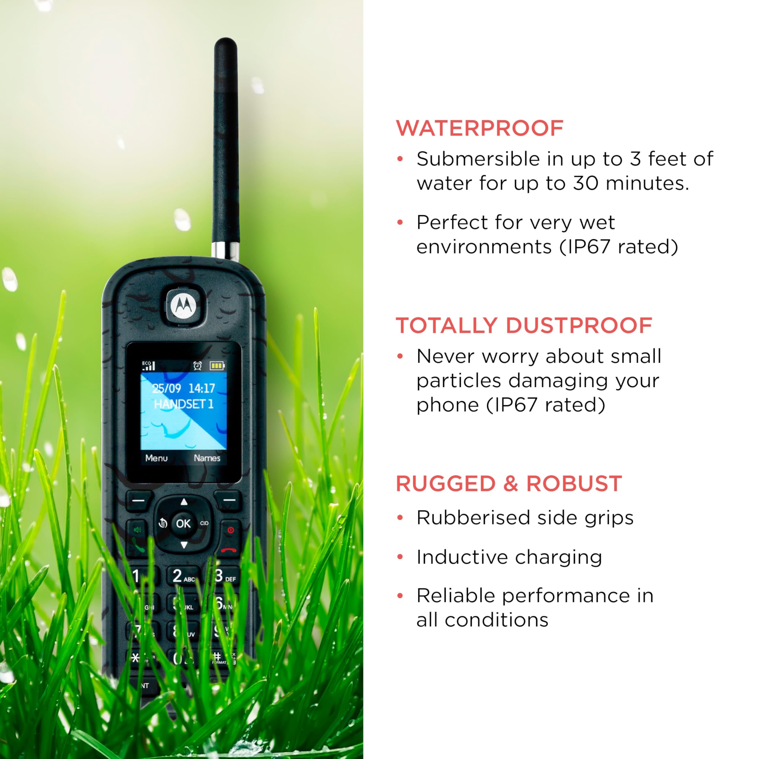 Motorola O214 DECT 6.0 Long Range Cordless Phone - Wireless Phones for Home & Office Phone with Answering Machine - Indoors and Outdoors, Water & Dust Resistant, IP67 Certified - Black, 4 Handsets
