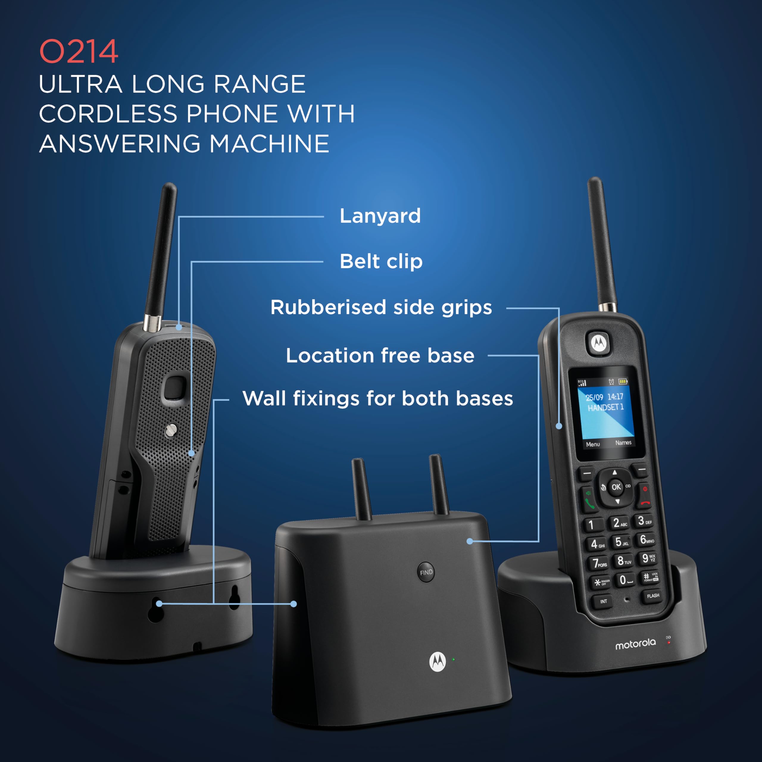 Motorola O214 DECT 6.0 Long Range Cordless Phone - Wireless Phones for Home & Office Phone with Answering Machine - Indoors and Outdoors, Water & Dust Resistant, IP67 Certified - Black, 4 Handsets