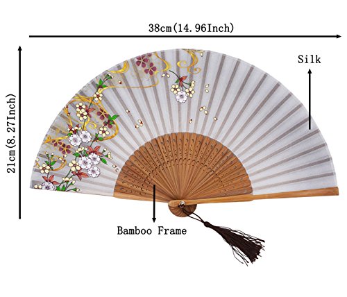 AmajijiĀ® Chinese Japanese Folding Hand Fan for Women,Vintage Retro Style 8.27" (21CM) Bamboo Wood Silk Hand Fans (CL-04)
