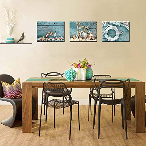 Biuteawal- 3 Piece Canvas Wall Art Starfish Shell on Teal Board Painting Prints Beach Nature Picture Canvas Artwork for Home Kitchen Bathroom Living Room Wall Decor Ready to Hang