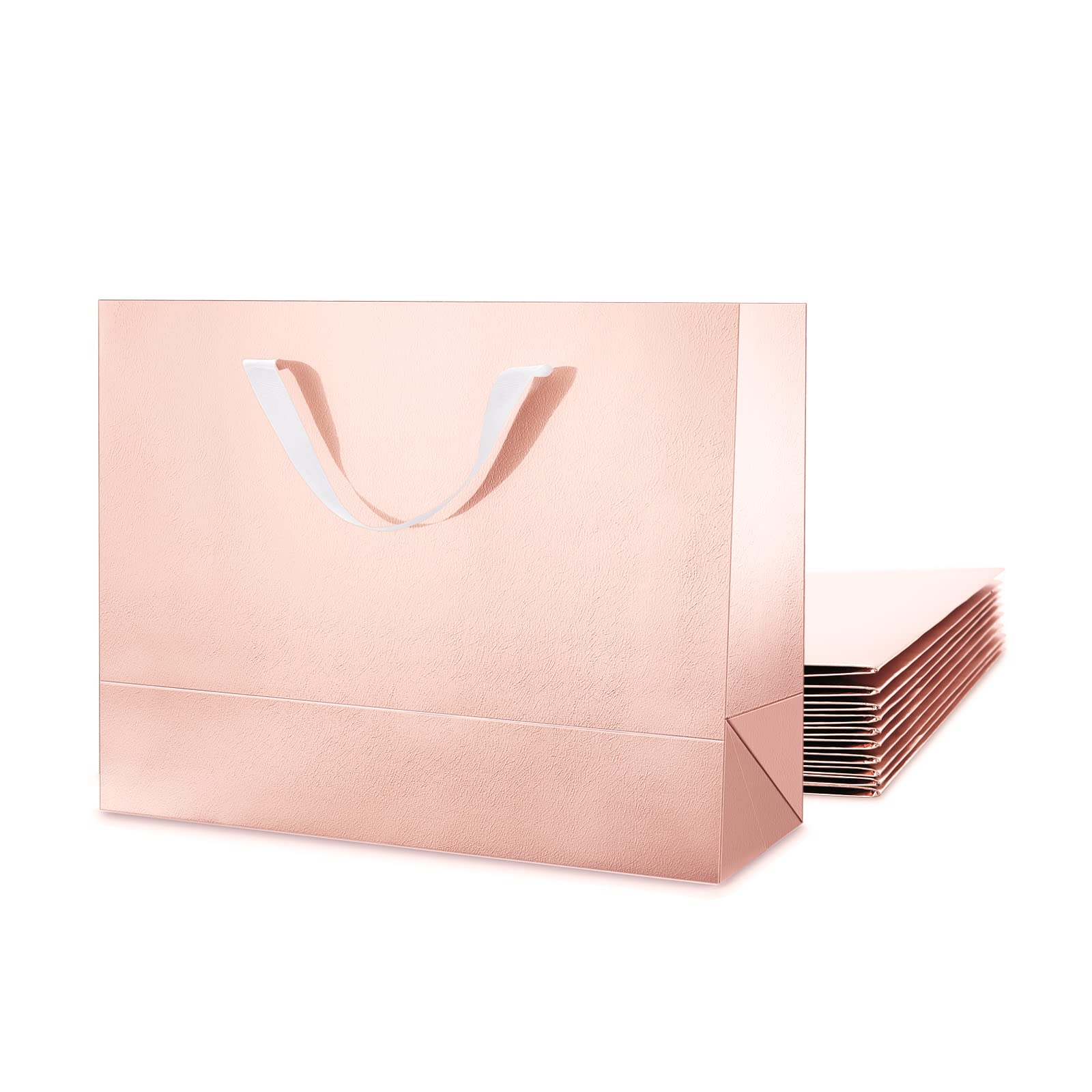 ROSEGLD 12 Large Gift Bags 13x5x10 Inches, Luxury Gift Bags, Rose Gold Gift Bags with Handles for All Occasions (Glossy Rose Gold with Grass Texture)