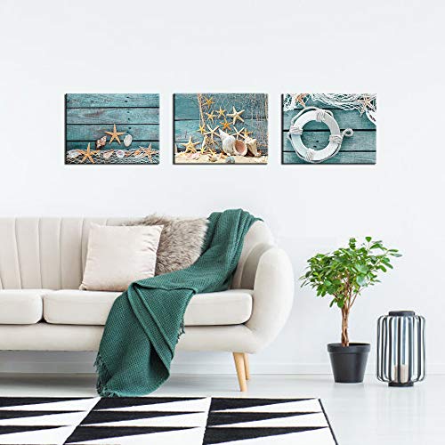 Biuteawal- 3 Piece Canvas Wall Art Starfish Shell on Teal Board Painting Prints Beach Nature Picture Canvas Artwork for Home Kitchen Bathroom Living Room Wall Decor Ready to Hang