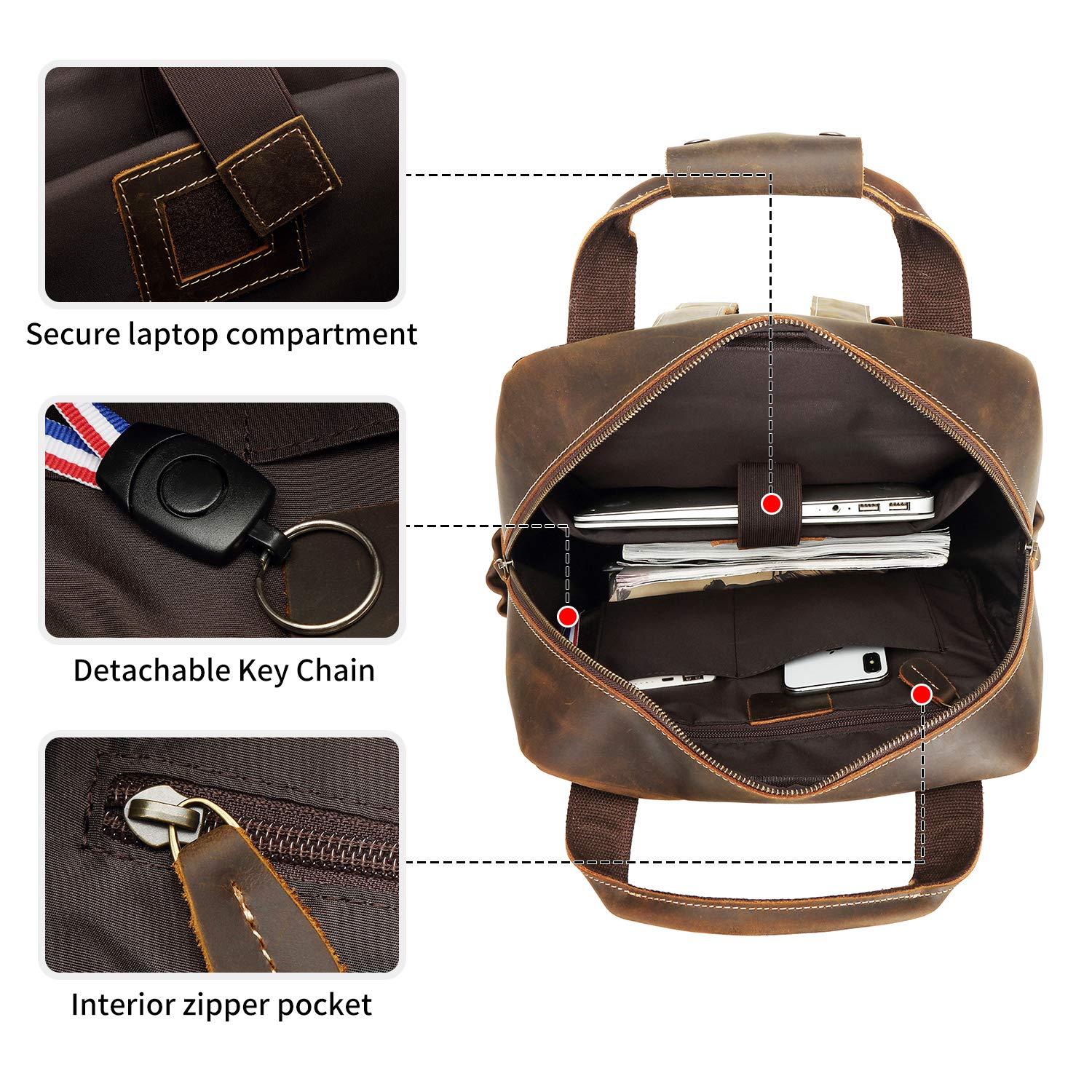 Polare Full Grain Leather 17.3‘’ Backpack Laptop Bag Camping Travel Rucksack Fits 15.6'' Laptop Dark Brown