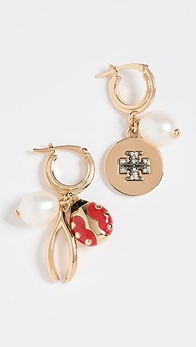 Tory Burch Women's Charm Hoop Earrings, Tory Gold/Cream/Crystal, One Size