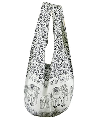 BTP! Elephant Floral Print Sling Crossbody Shoulder Bag Purse Hippie Hobo Thai Cotton Gypsy Bohemian Large (White YI-8)