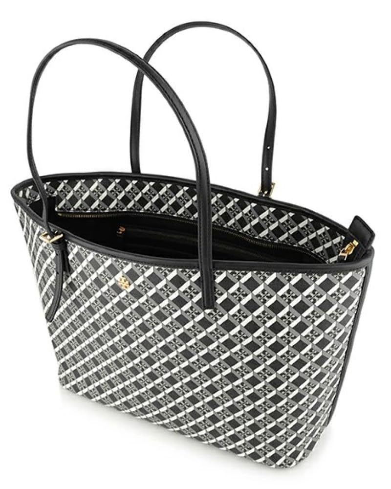 Tory Burch 143364 Geo Logo Black/Grey/White With Gold Hardware Women's Large Top Zip Tote Bag