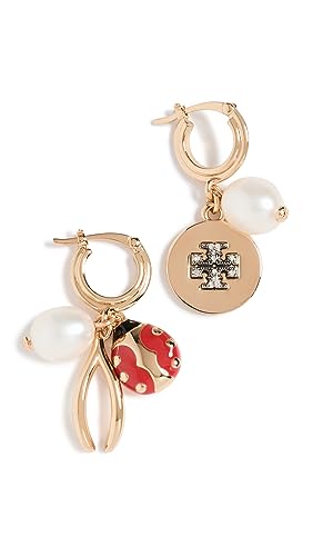 Tory Burch Women's Charm Hoop Earrings, Tory Gold/Cream/Crystal, One Size