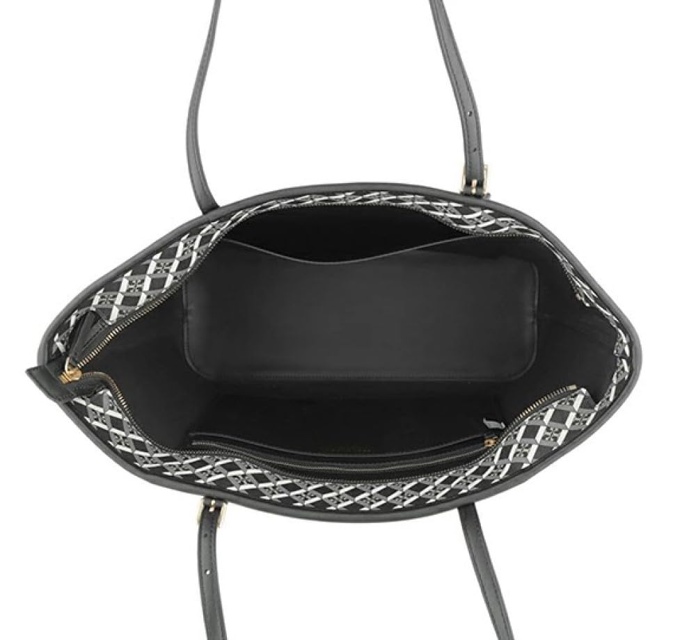 Tory Burch 143364 Geo Logo Black/Grey/White With Gold Hardware Women's Large Top Zip Tote Bag