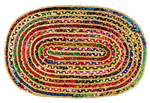 COTTON CRAFT Jute Chindi Braid Rag Rug - Boho Farmhouse Rustic Area Accent Throw Rug - Handwoven Reversible Natural Recycled Cotton- Living Room Den Study Home Décor Gift - 3' x 5' Oval - Multi Color