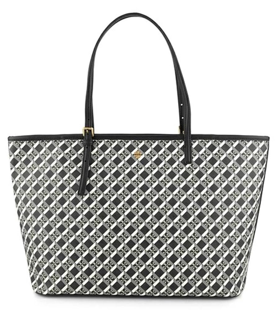Tory Burch 143364 Geo Logo Black/Grey/White With Gold Hardware Women's Large Top Zip Tote Bag