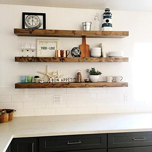 New England Wood Crafters Wooden Floating Shelves - Wall Decor for Home Kitchen, Bathroom, Bedroom - Rustic Pine Custom Office Organizer with Mounting Brackets - Set of 3 (7.5x1.5) (Honey, 36'')