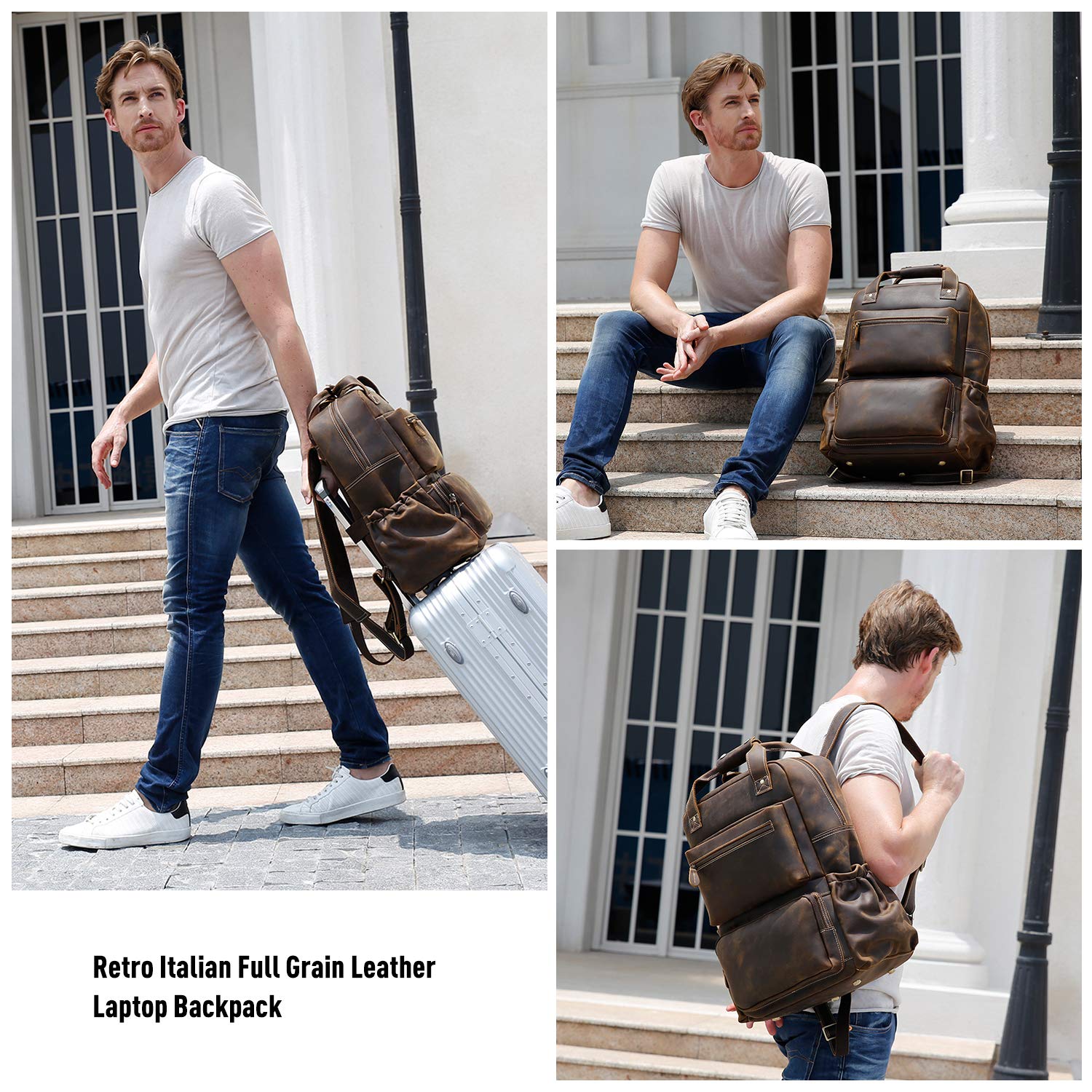 Polare Full Grain Leather 17.3‘’ Backpack Laptop Bag Camping Travel Rucksack Fits 15.6'' Laptop Dark Brown